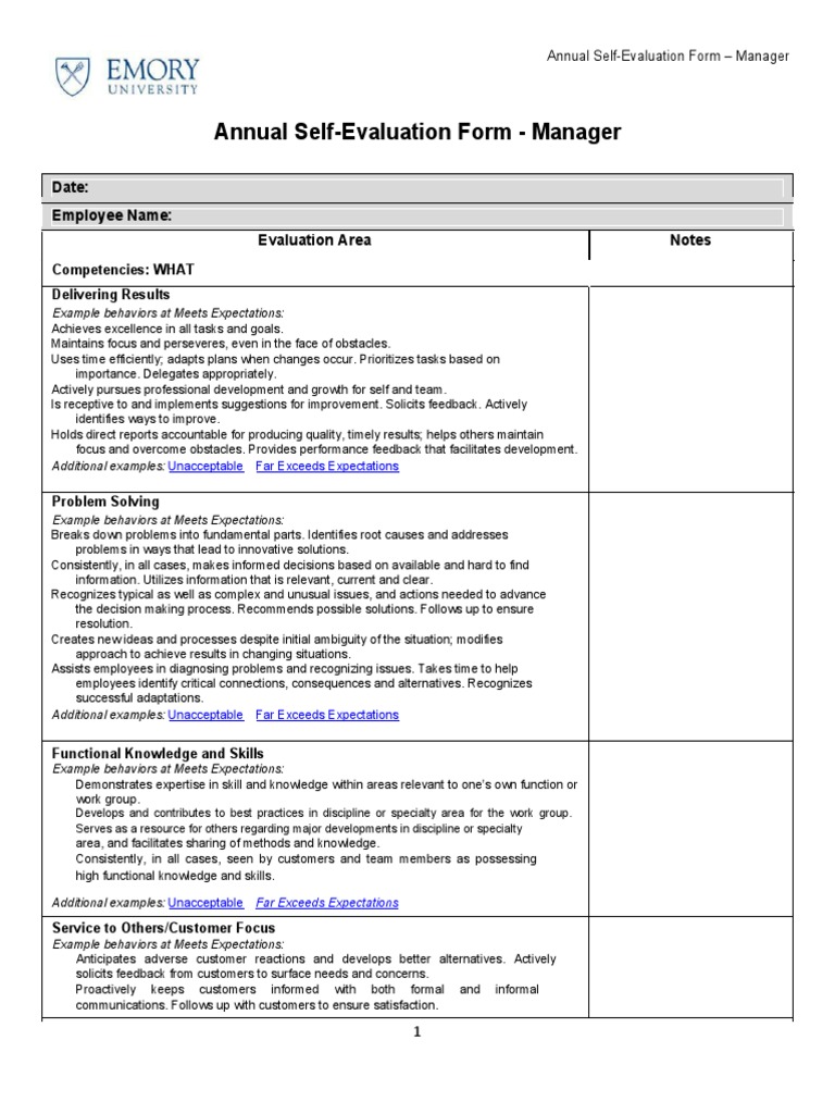 Annual Self-Evaluation Form - Manager: Date: Employee Name: Evaluation ...