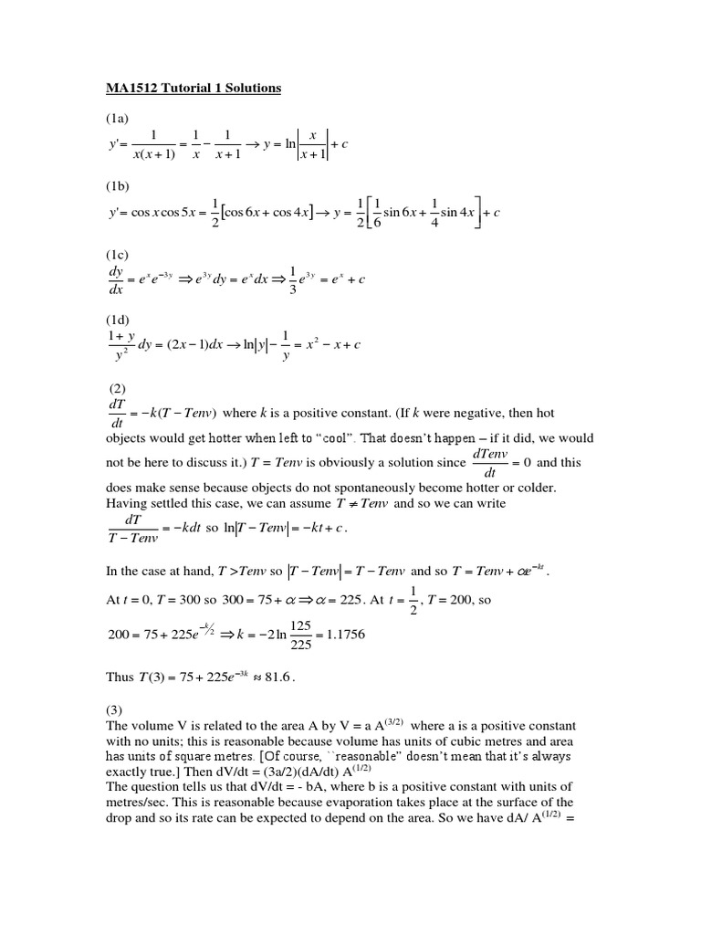 MA1512 Tutorial 1 Solutions Overview | PDF | Volume | Mathematical Objects