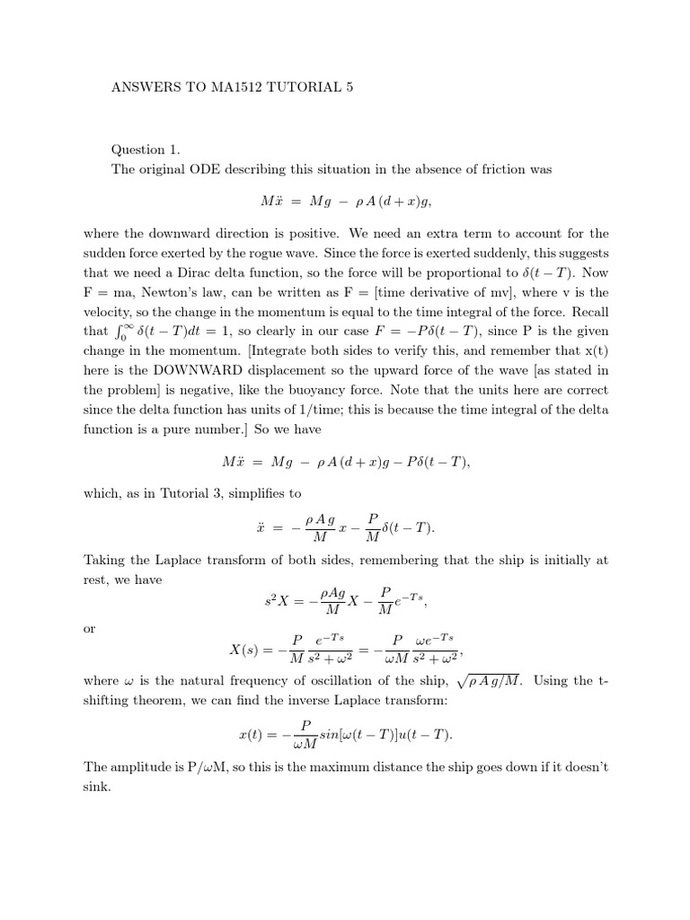 MA1512 Tutorial 6 Solutions Explained | PDF | Force | Buoyancy