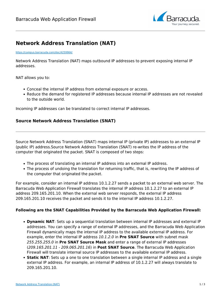 Network Address Translation (NAT) : Barracuda Web Application Firewall ...