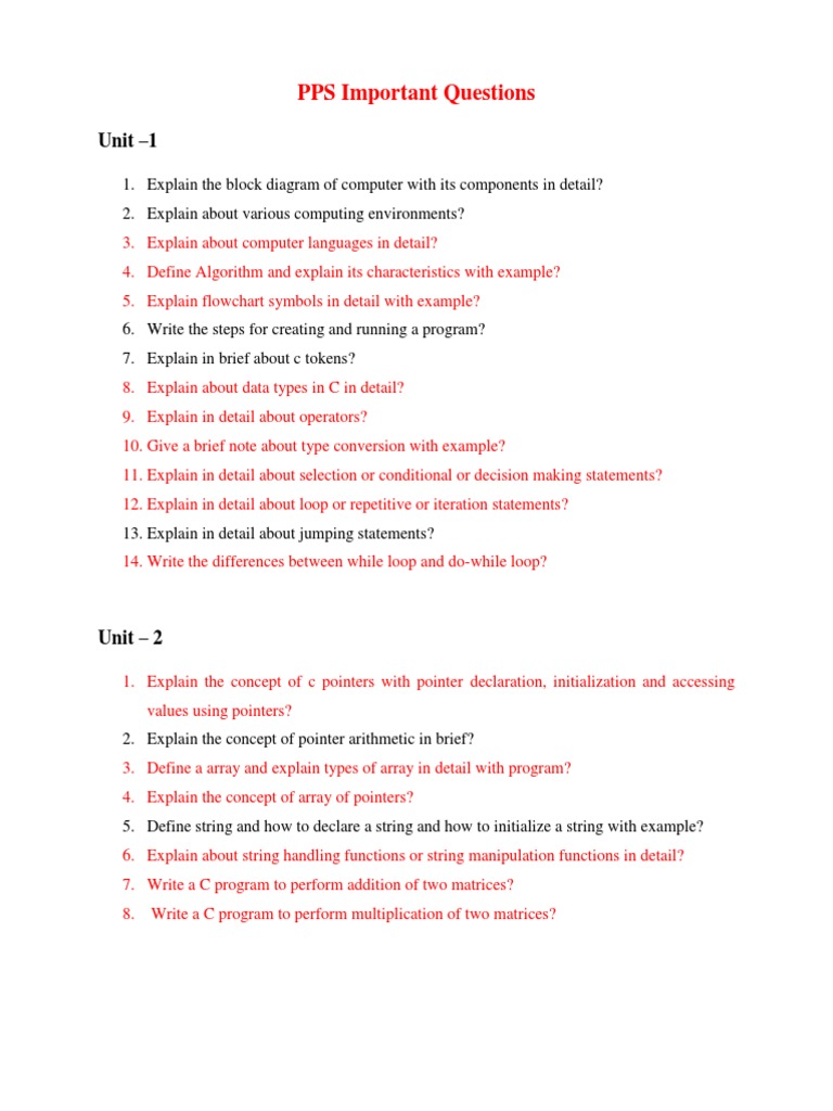 PPS Important Questions | PDF | Pointer (Computer Programming) | C (Programming Language)
