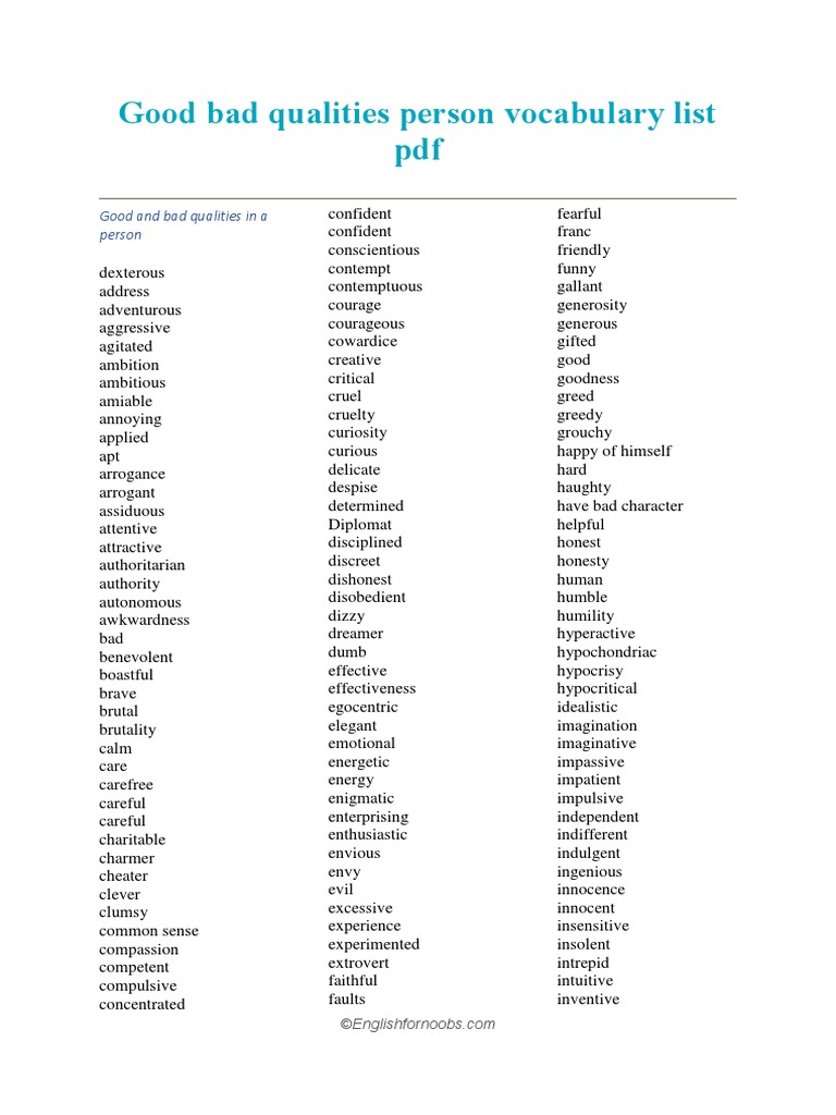 Good Bad Qualities Person Vocabulary List PDF | PDF | Humility | Virtue