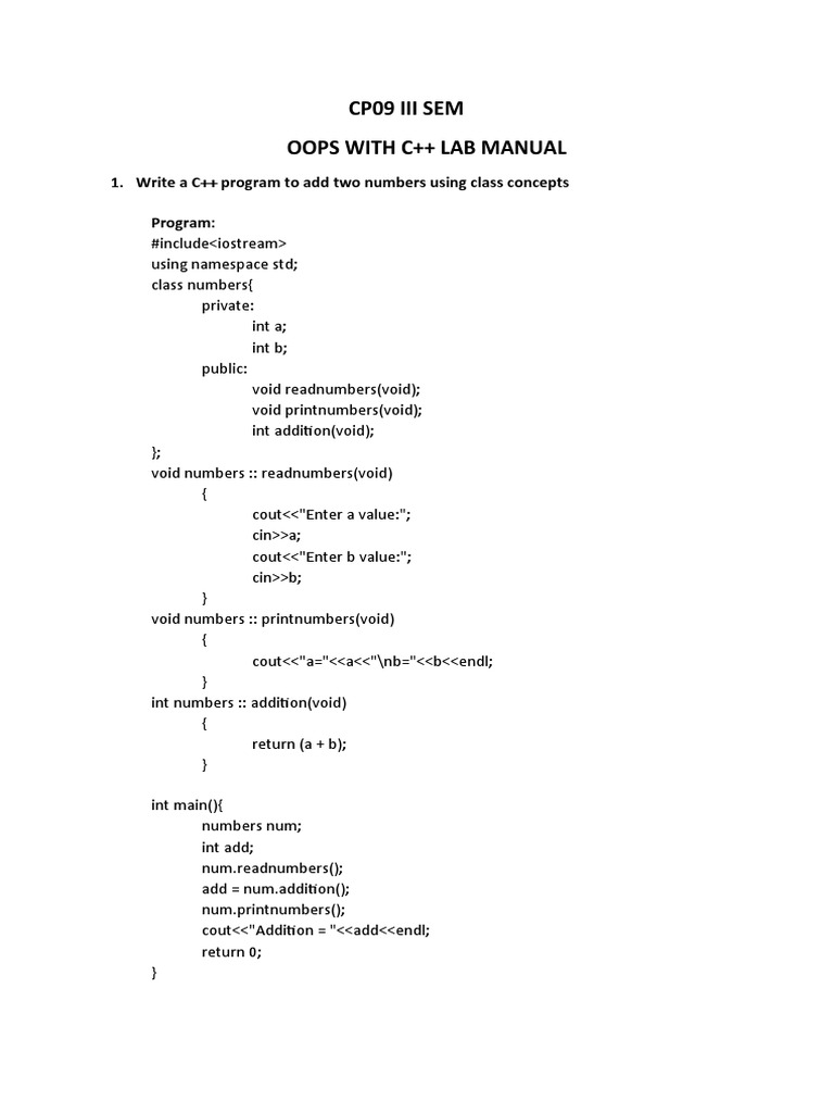 Oops Lab Manual | PDF | Object Oriented Programming | Programming Paradigms Oops Lab Manual | PDF | Object Oriented Programming | Programming Paradigms