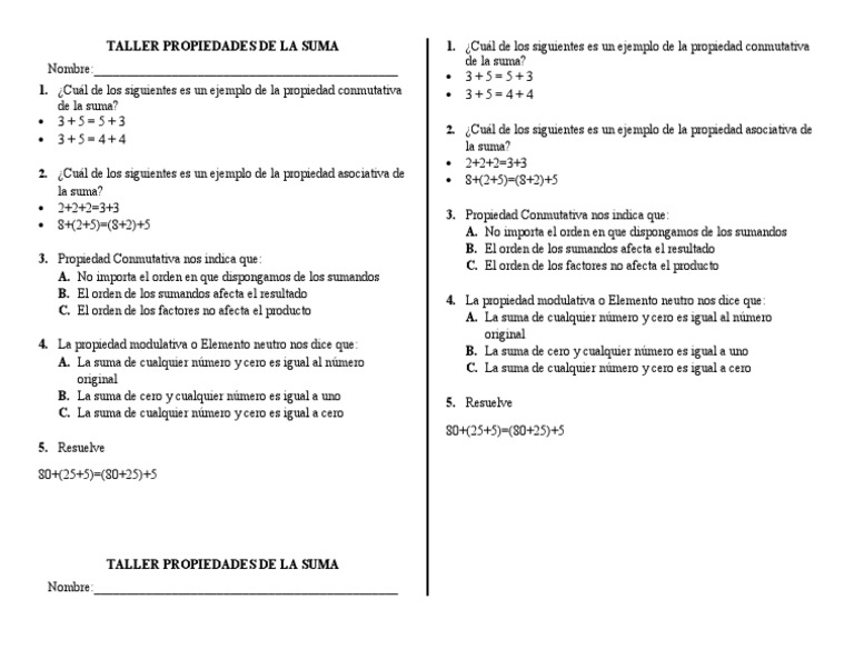 Taller sobre Propiedades de la Suma | PDF | Aritmética | Notación ...