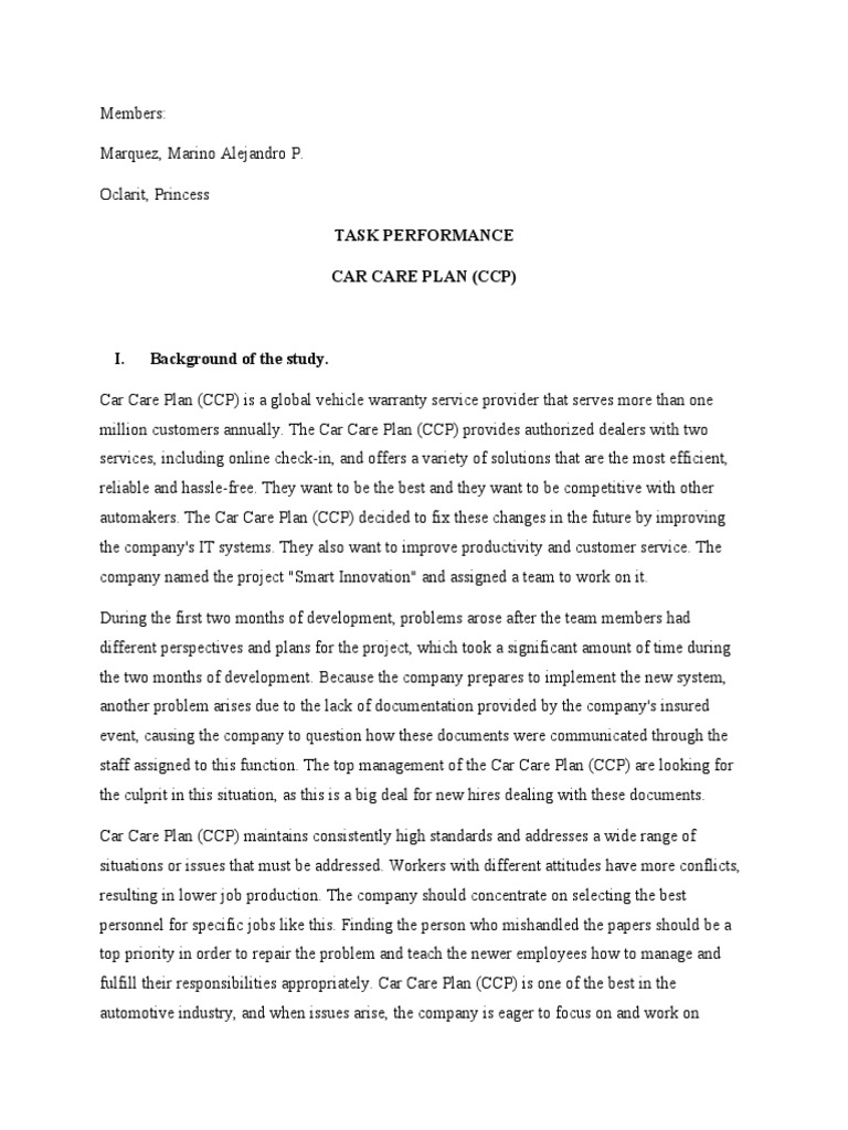 Marino Oclarit Car Care Plan TP | PDF | Iso 9000 | Innovation