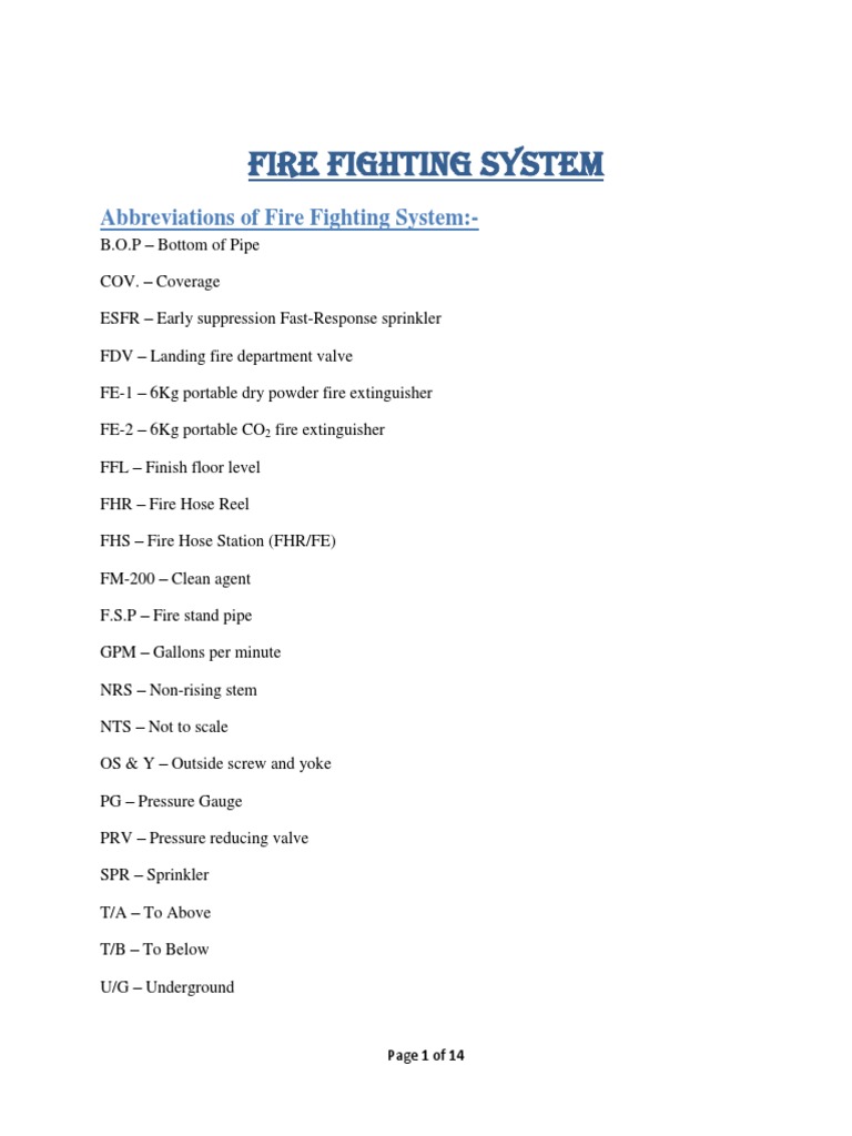 Abbreviations of Fire Fighting System | PDF | Fire Sprinkler System | Fires