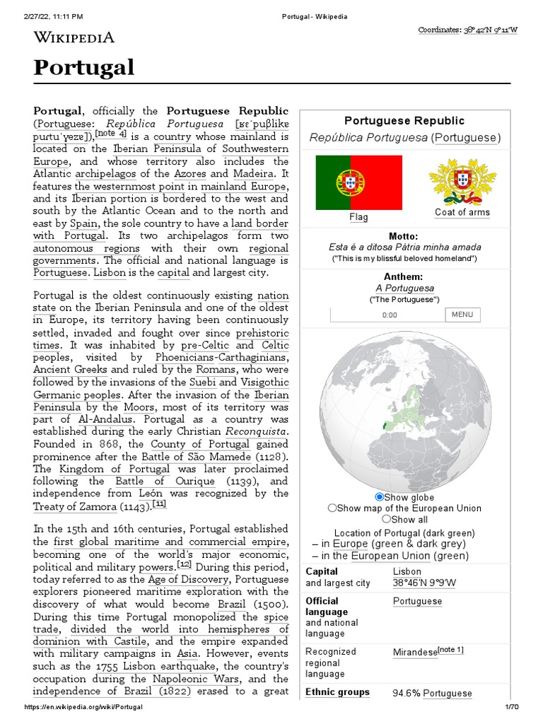 Portugal: Portugal, Officially The Portuguese Republic | PDF | Portugal