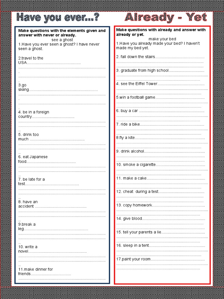 Make Questions With The Elements Given and Answer With Never or Already ...