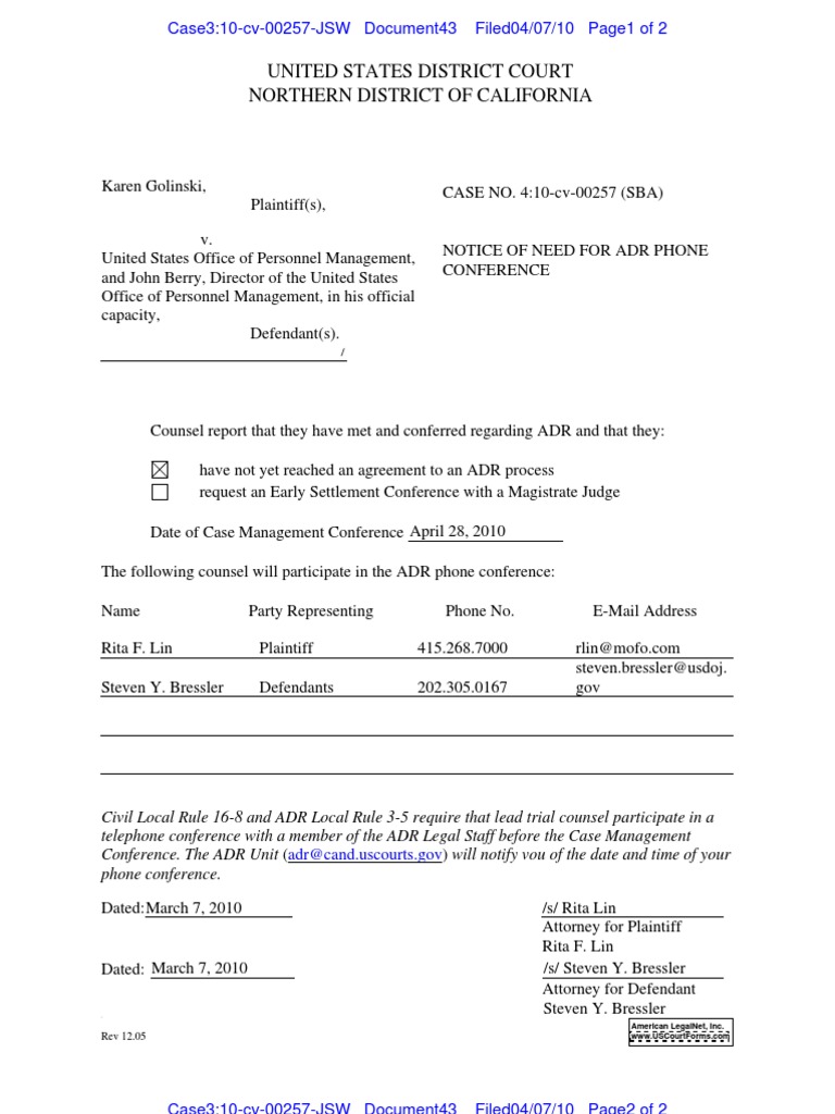 ADR Phone Conference Notice - Golinski Case | PDF | Alternative Dispute ...