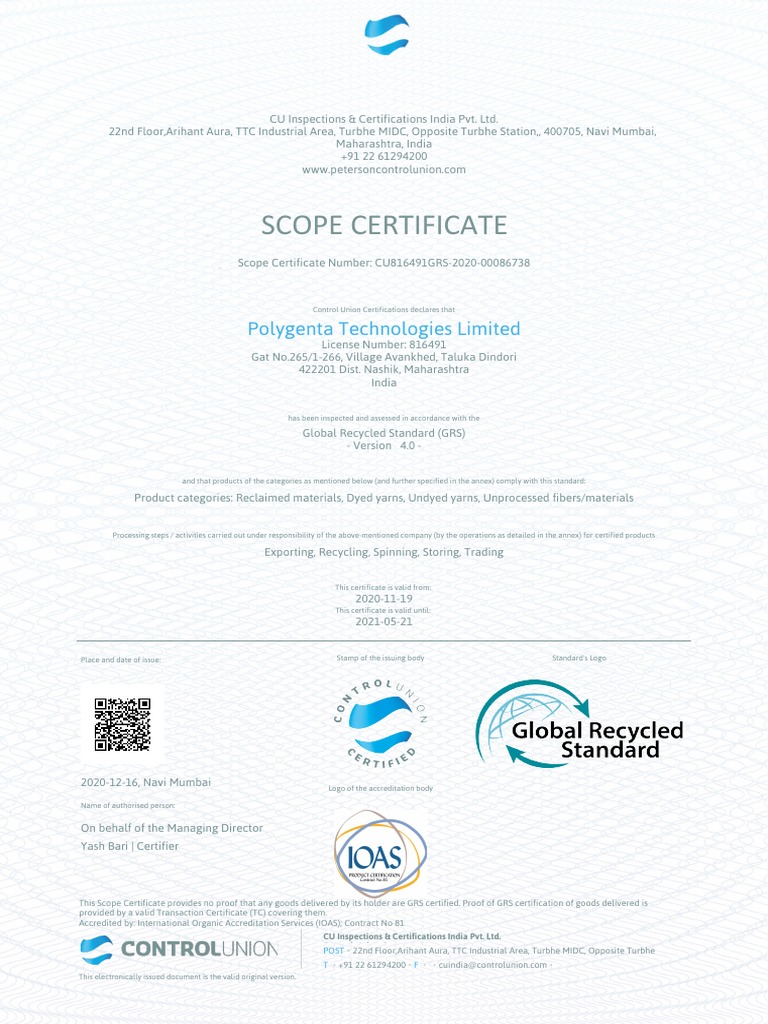 GRS Scope Certificate 2020 21. | PDF | Recycling | Yarn