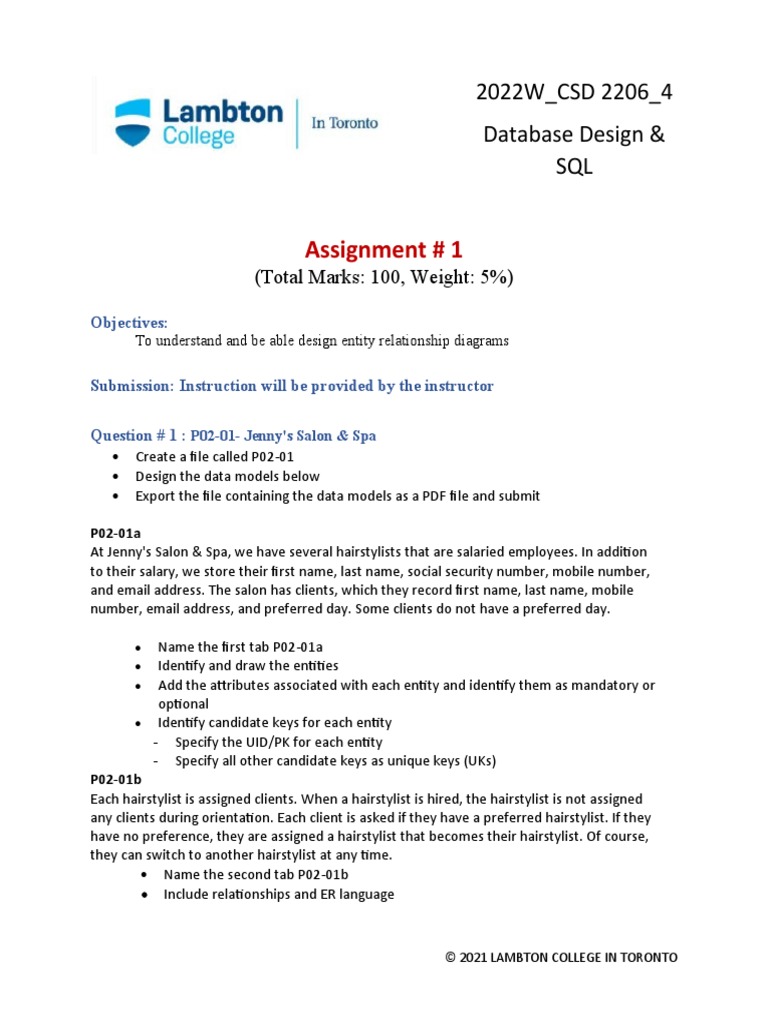 Assignment # 1: 2022W - CSD 2206 - 4 Database Design & SQL | PDF | Software | Databases