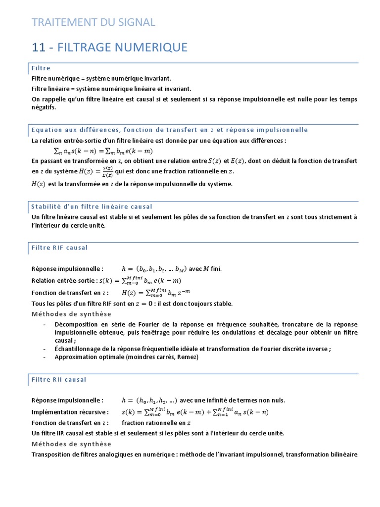 Fiche11 Filtrage Numerique | PDF | Filtre (électronique) | Filtre passe-bas