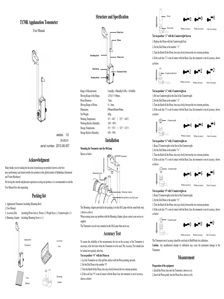 T170R Applanation Tonometer Structure and Specification: User Manual ...