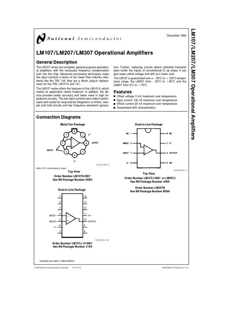 LM107/LM207/LM307 Operational Amplifiers: General Description | PDF | Operational Amplifier ...