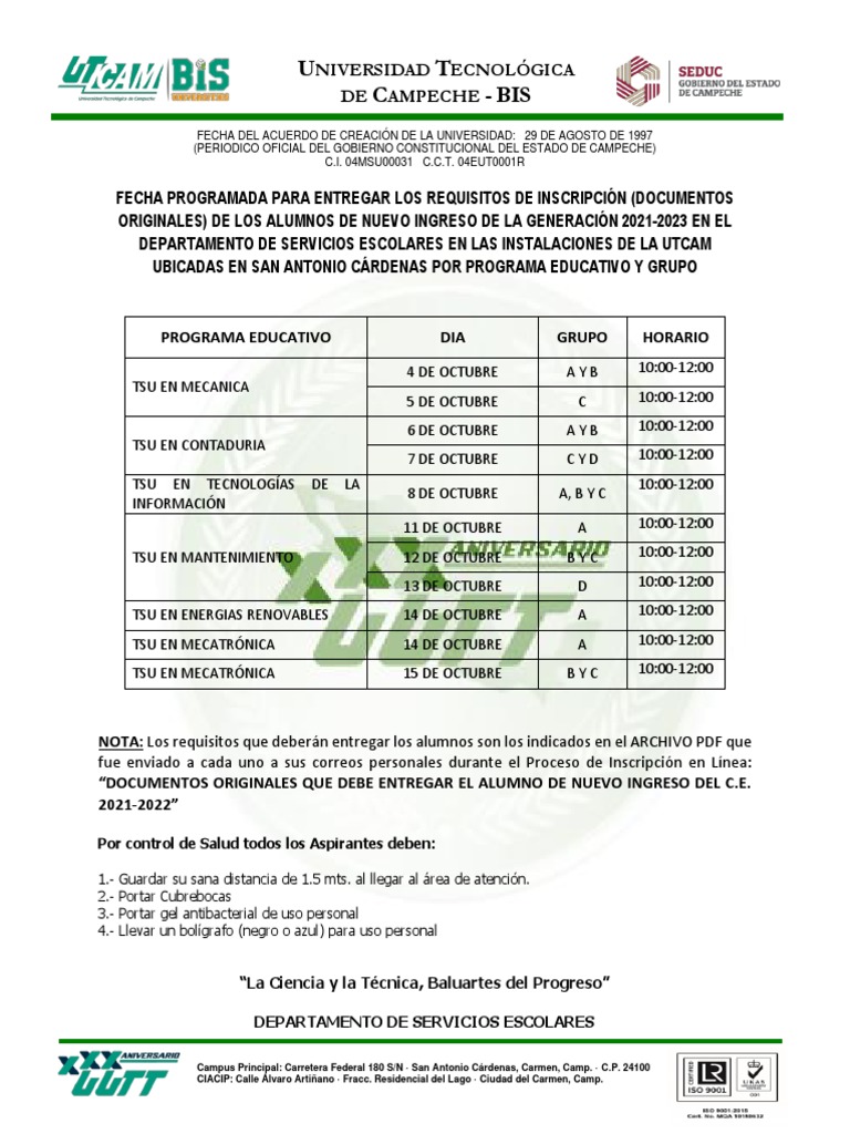 Fechas Programadas para Recepcionar Requisitos de Inscripción (Documentos - Alumnos de Nuevo ...