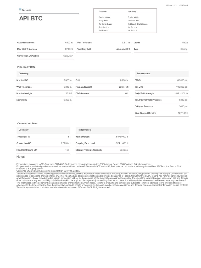 Api BTC 7.000 0.317 N80Q 12252021 | PDF | Pipe (Fluid Conveyance ...