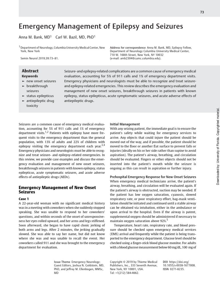 Emergency Management of Epilepsy & Seizures | PDF | Epilepsy | Stroke
