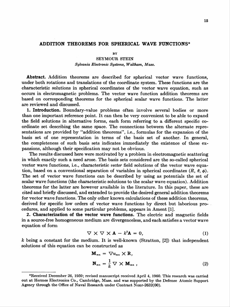 Addition Theorems For Spherical Wave Functions : V X V X A - Fc2A 0 ...