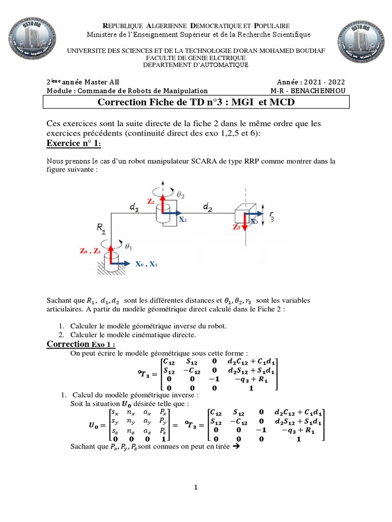 Correction TD 3 Robotique 2021-2022 | PDF | Automatisation | Mathématiques