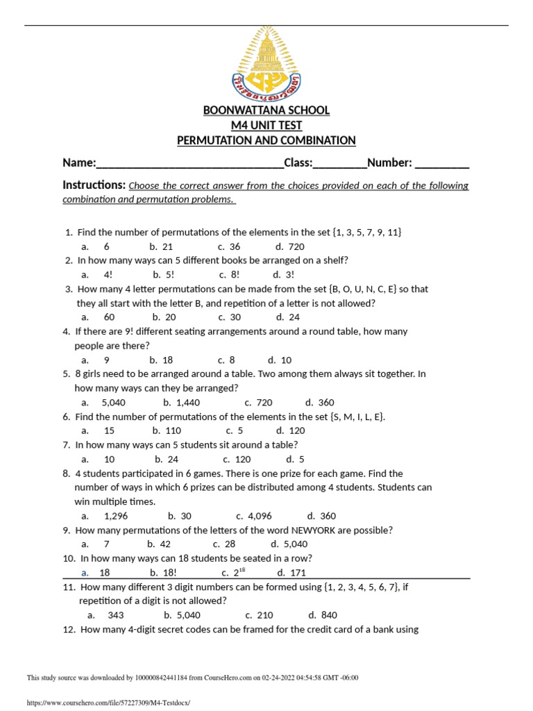 Boonwattana School M4 Unit Test Permutation and Combination Name ...