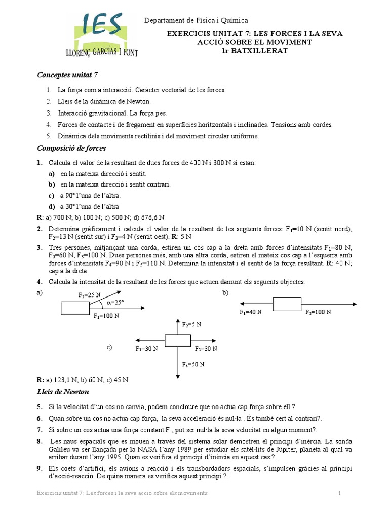 Exercicics Dinàmica 1r Batx | PDF