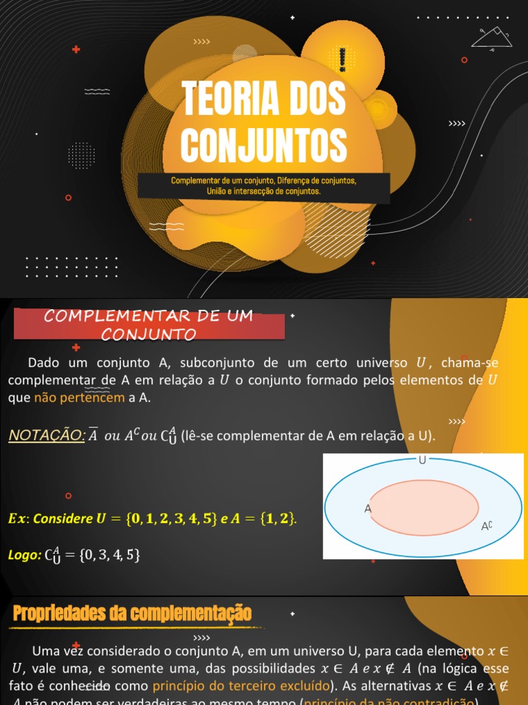 Teoria dos Conjuntos: Complementar, Diferença, União e Interseção | PDF ...