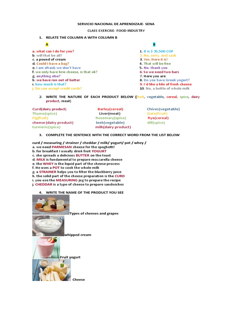 Dairy Products Exercise For Practicing Technical Vocabulary | PDF ...