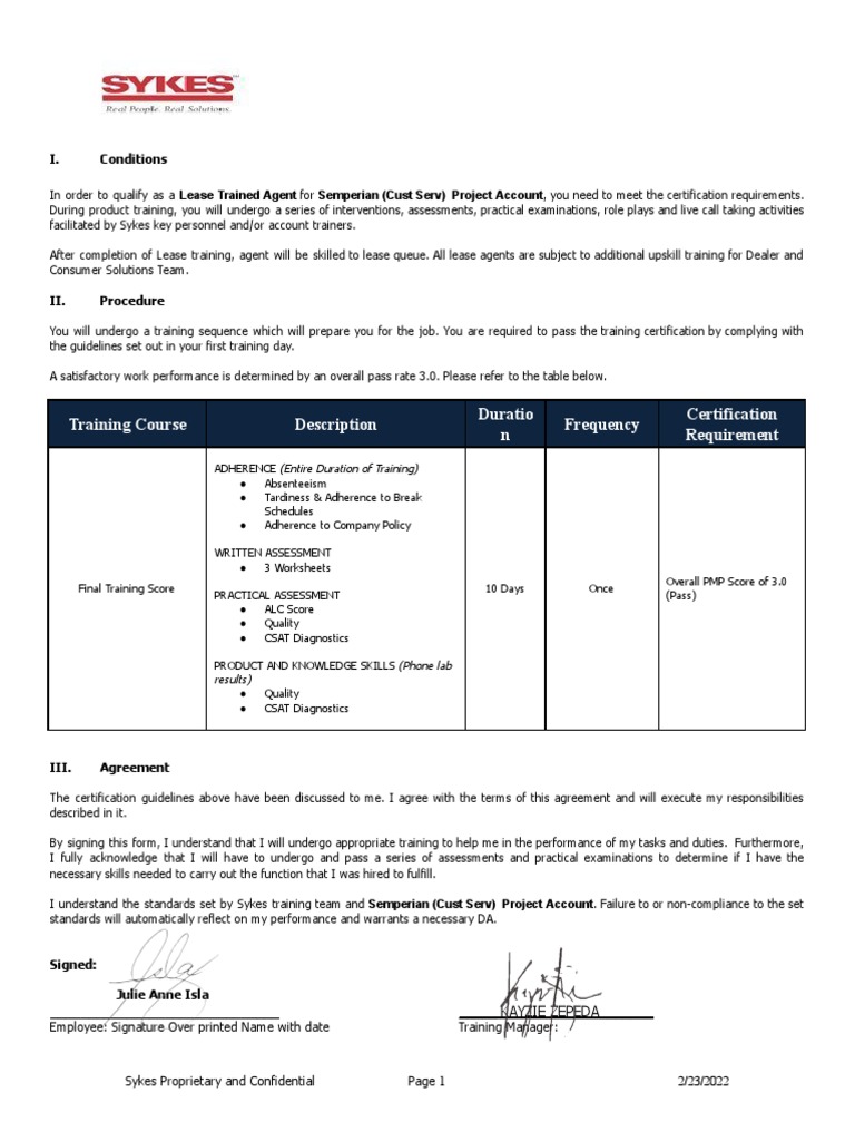 Lease Training Agreement Form | PDF