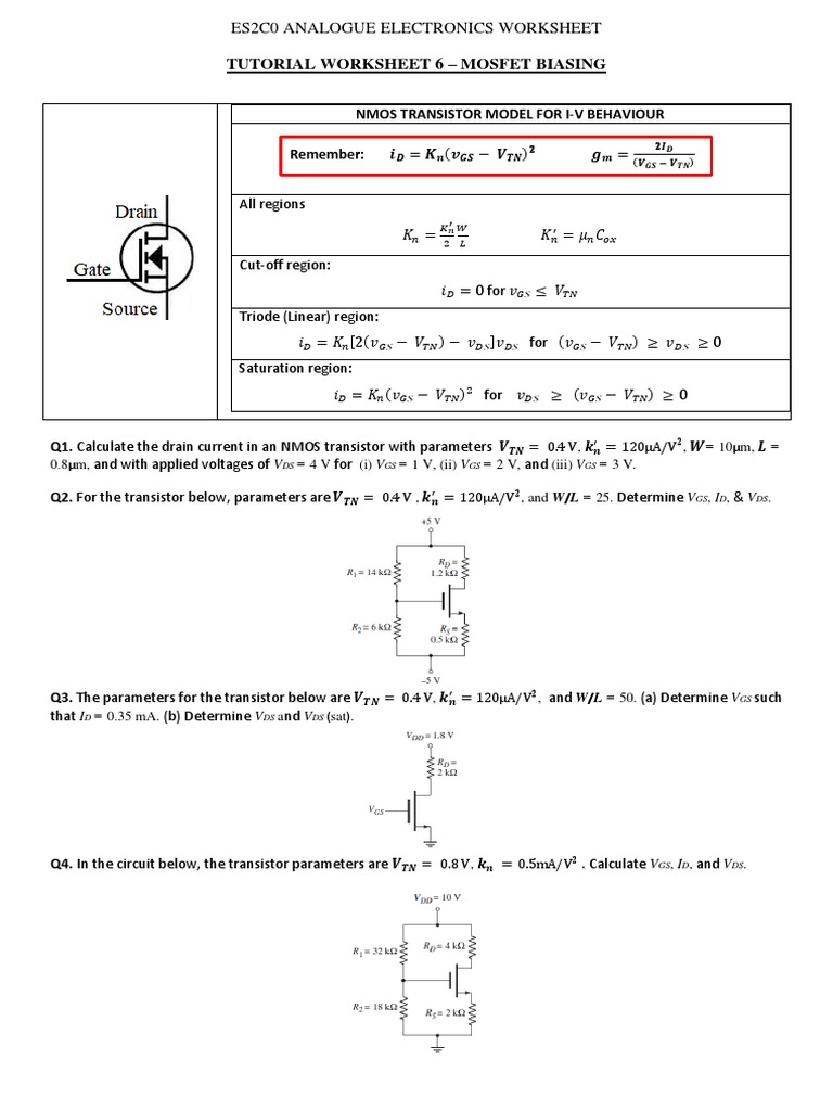 6 Es2c0 Tutorial Worksheet 6 Mosfet Biasing | PDF | Mosfet | Transistor