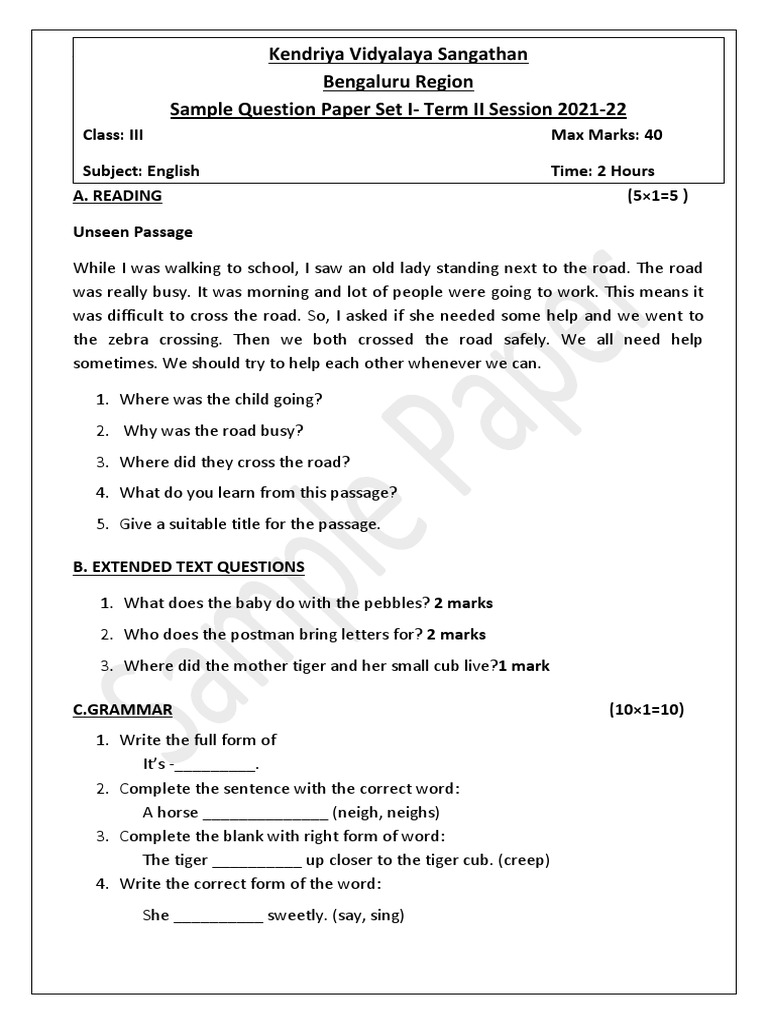 Class III English Sample Paper Set I 2021-22 | Download Free PDF ...