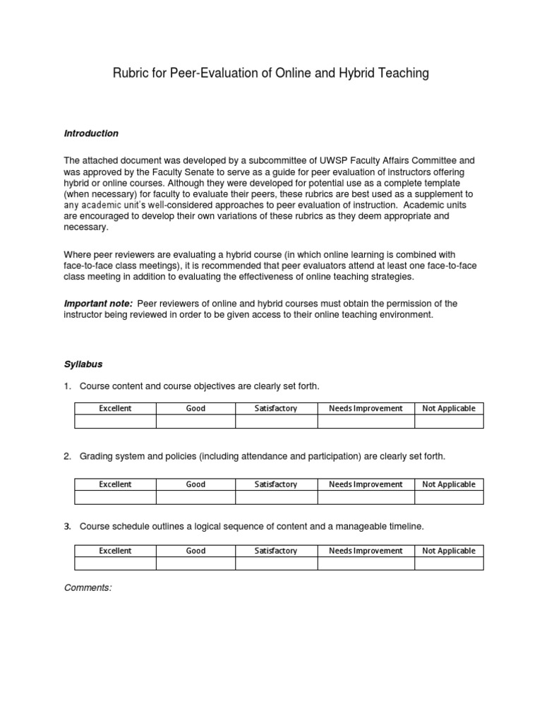 Rubric For Peer-Evaluation of Online and Hybrid Teaching | PDF ...