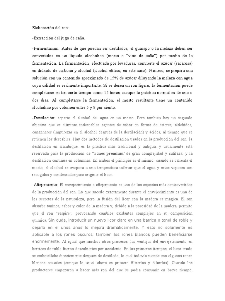 Proceso de elaboración del ron | PDF | Ron | Destilación
