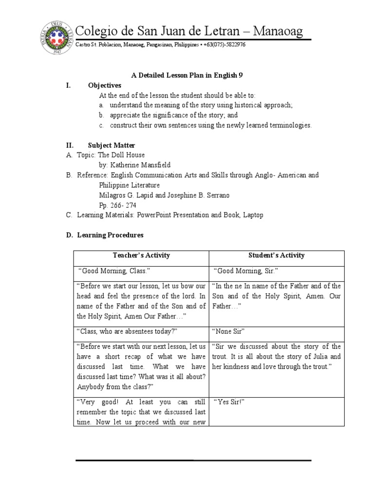 A Detailed Lesson Plan in English 9 - The Doll House | PDF | Lesson Plan