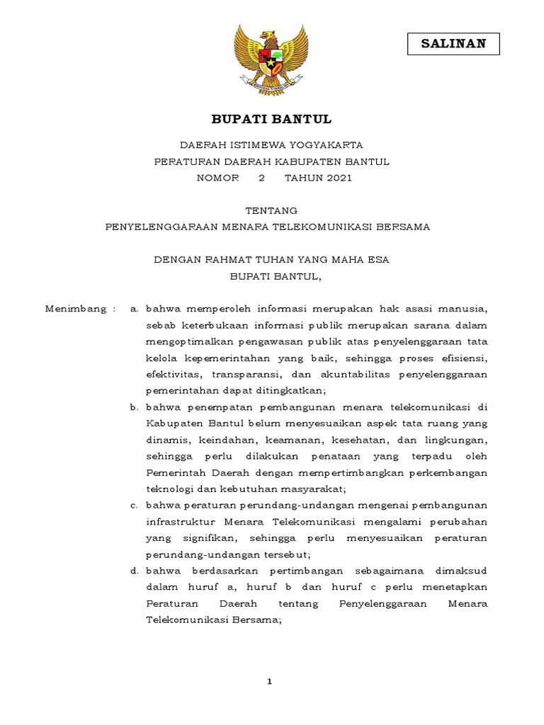 Peraturan Daerah Menara Telekomunikasi Bantul | PDF