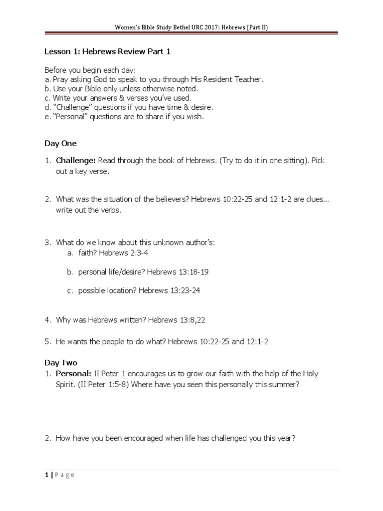 Hebrews Part II Bethel URC Study 1-24 | PDF | Tabernacle | Jesus