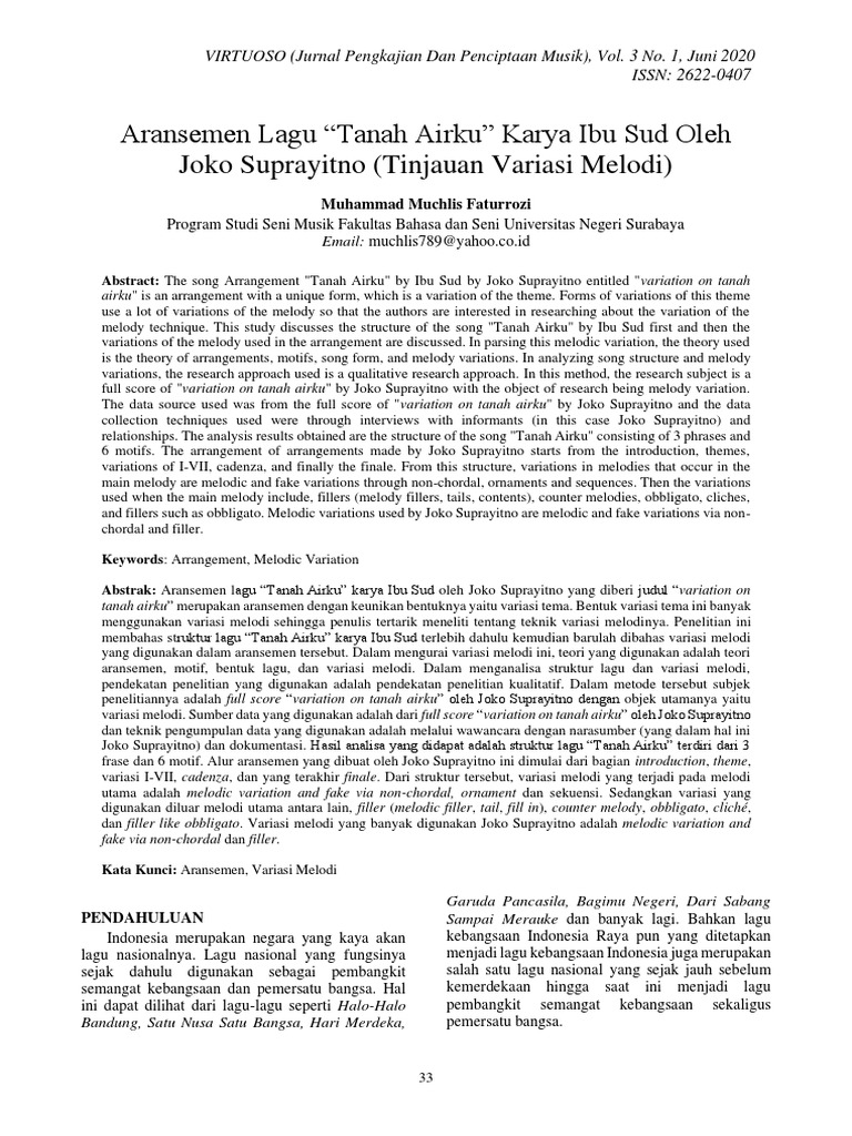 Aransemen Lagu Tanah Airku Karya Ibu Sud Oleh Joko Suprayitno (Tinjauan Variasi Melodi) | Unduh ...