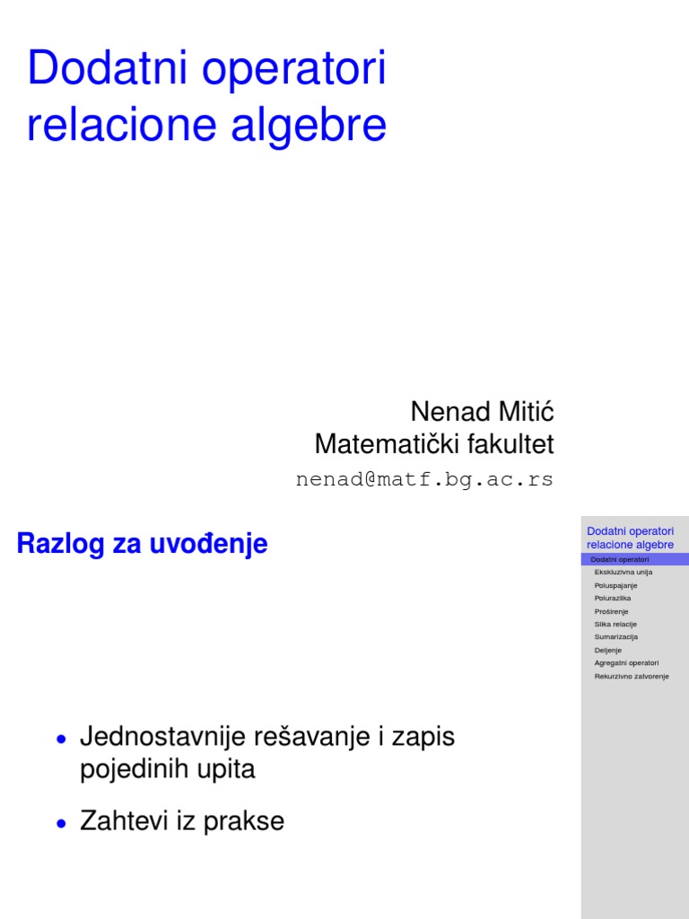5.relaciona Algebra Dodatni Operatori | PDF