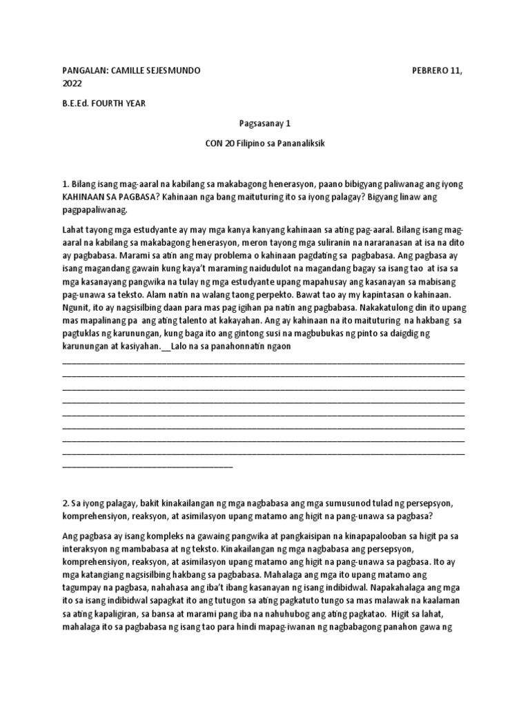 Pagsasanay 1 Filipino Sa Pananaliksik Answer | PDF