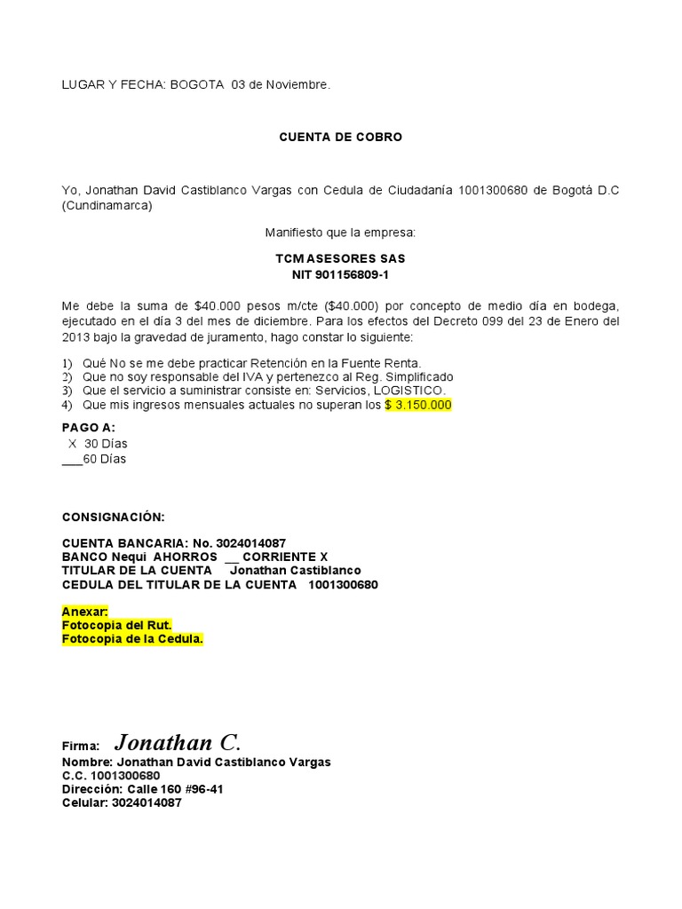 Formato Cuenta de Cobro. | PDF