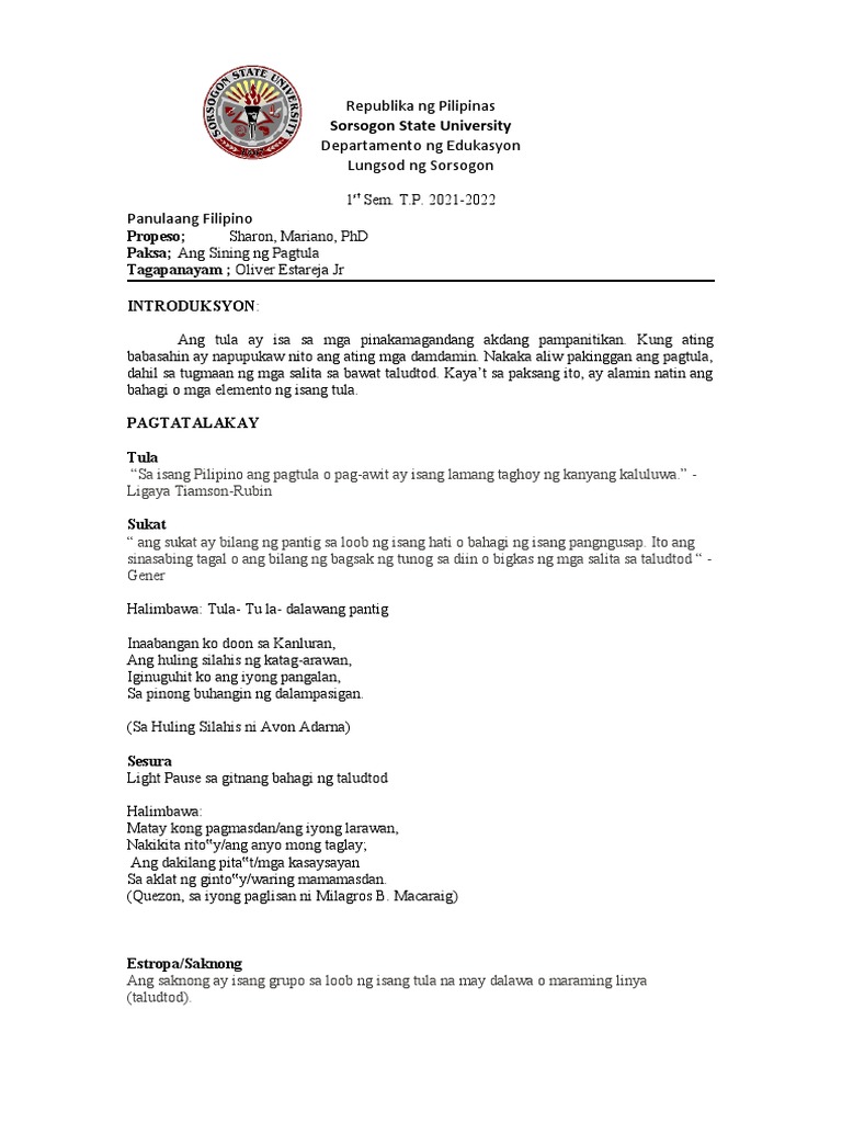 Sining Sa Pagtula Written Report | PDF