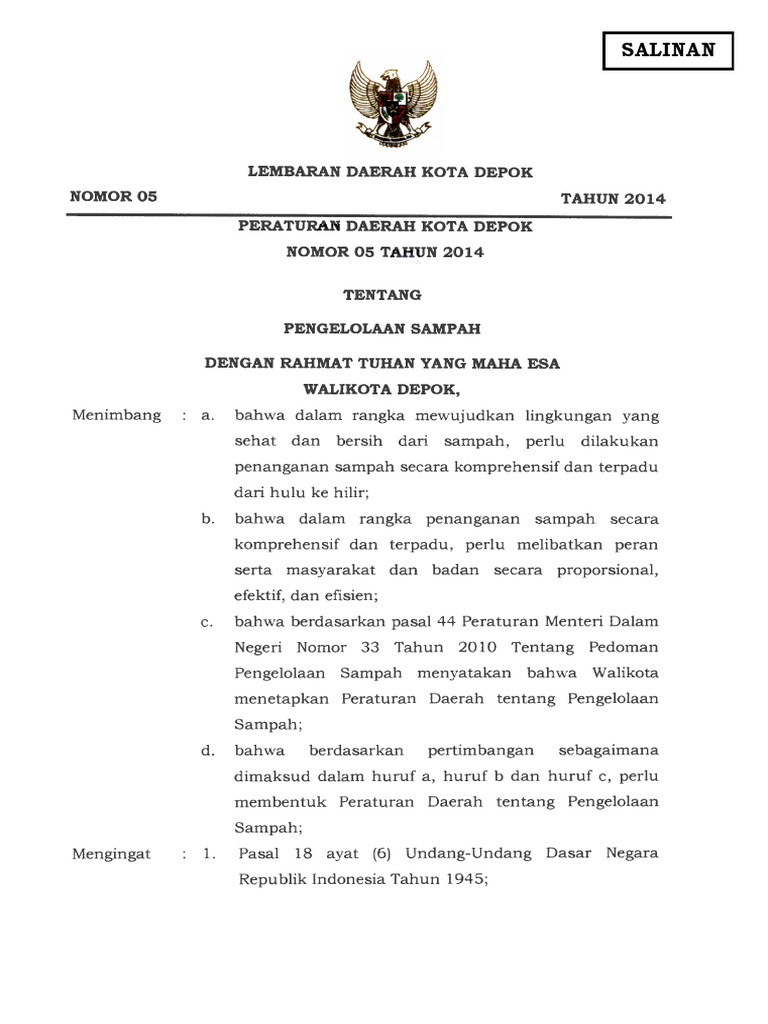 Perda Kota Depok THN 2014 No 05 TTG Pengelolaan Sampah (Salinan) | PDF