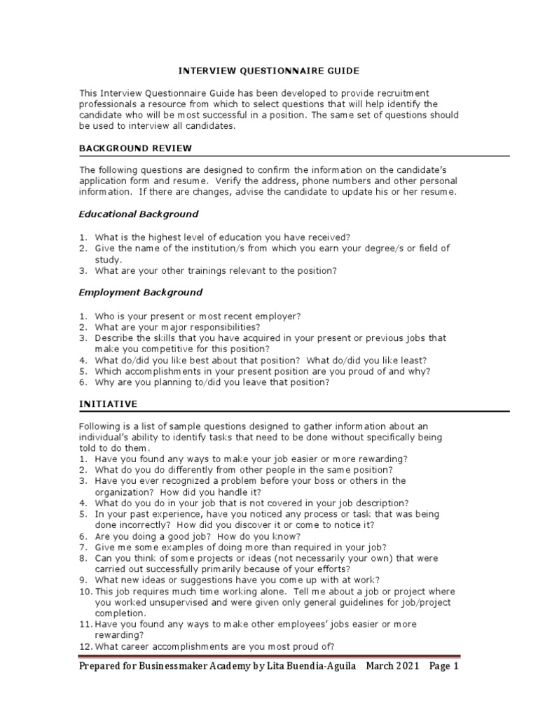 Interview Questionnaire Guide: Educational Background | Download Free ...