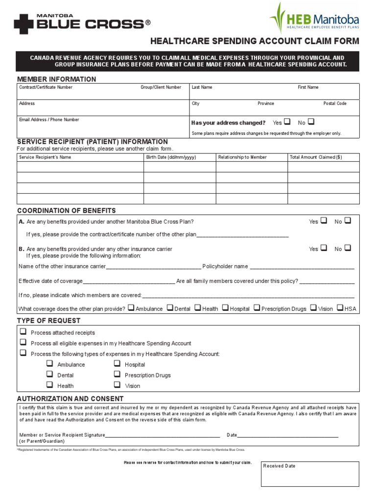 Healthcare Spending Account Claim Form: Member Information | PDF | Blue ...