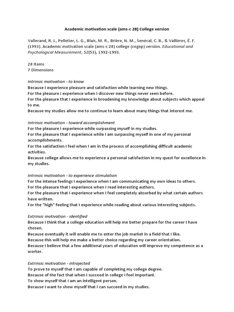 Academic Motivation Scale (Ams-C 28) College Version | PDF ...