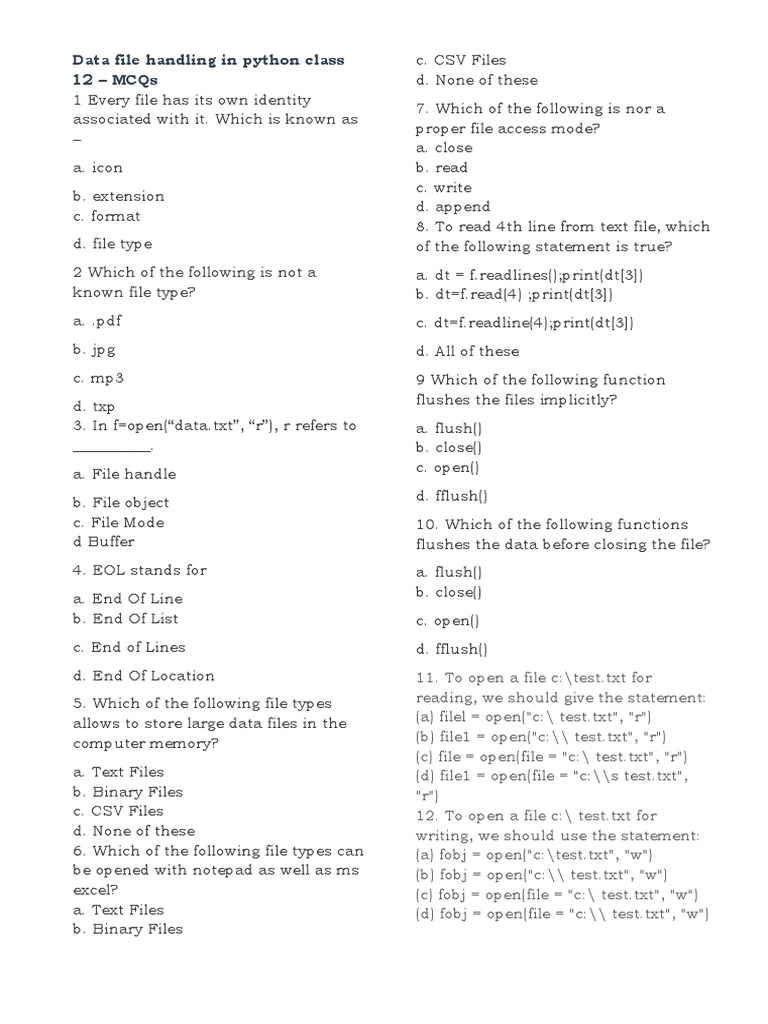 Data File Handling in Python Class 12 - Mcqs | PDF | Text File ...