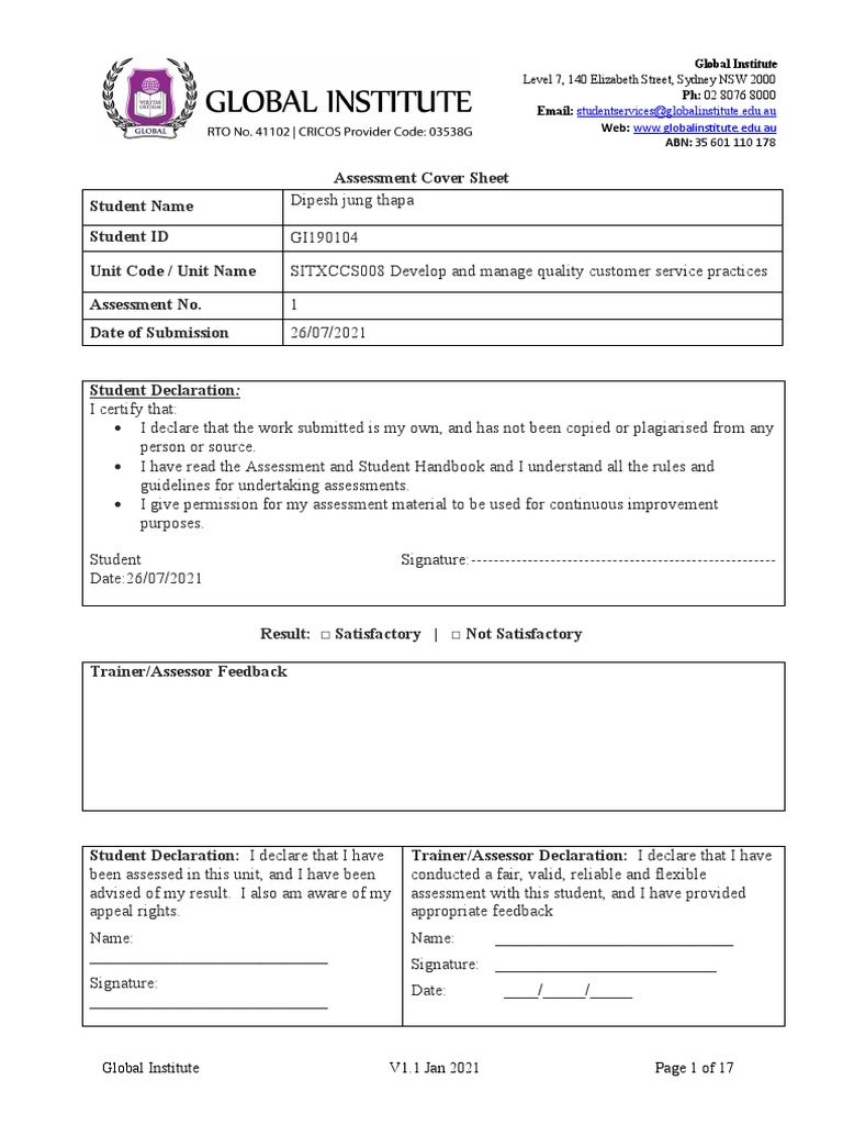 SITXCCS008 Assessment Task 1 Global V1.1 Jan 21 | PDF | Market Segmentation | Customer