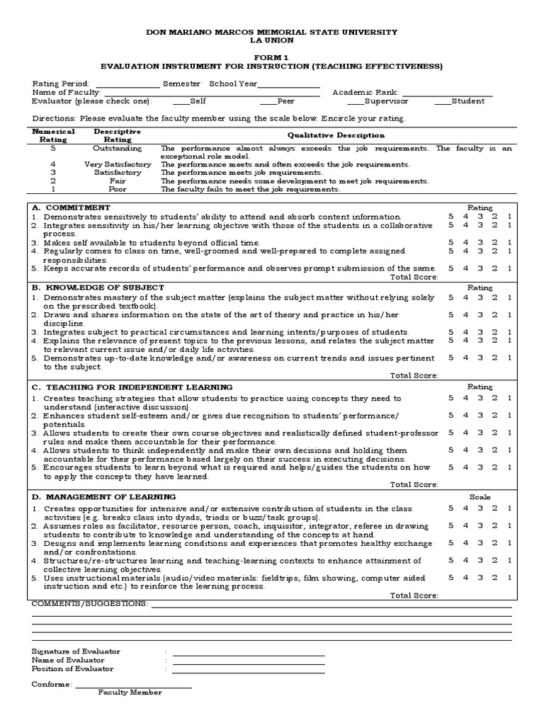 Form 1 - Evaluation Instrument For Instruction (Teaching Effectiveness ...