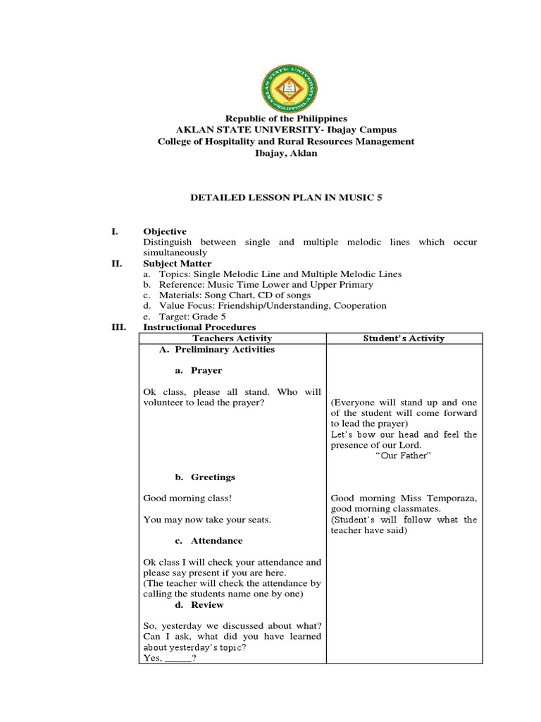 Grade 5 Music Lesson Plan: Melodic Lines | PDF | Lesson Plan | Teachers