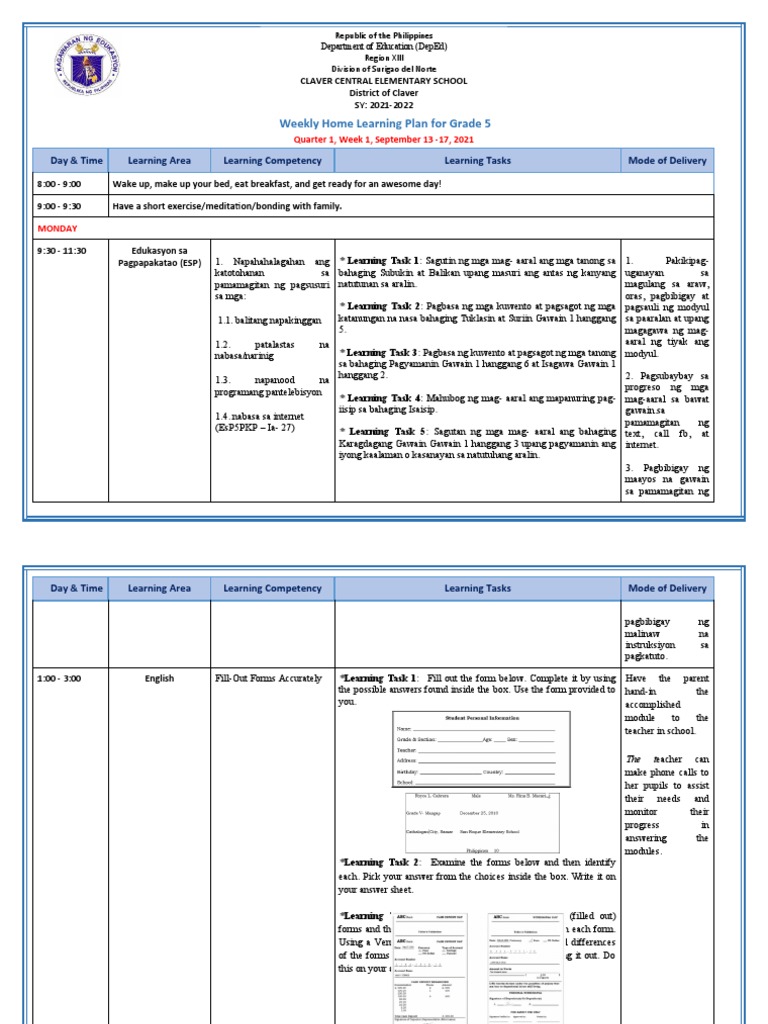 Grade 5 All Subjects WHLP Q1 W1 | PDF