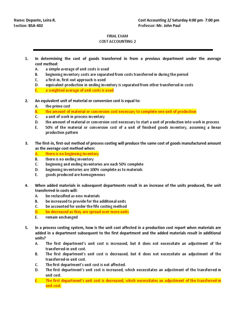 Cost Accounting 2 Final Exam Pdf Download Free Pdf Cost Of Goods